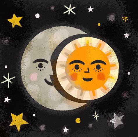 Smiling Sun And Moon In The Night Sky