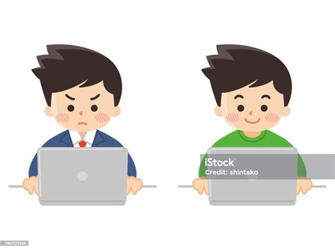 개인용 컴퓨터를 사용하는 남자 그는 일과 사적인 사람입니다 기업 비즈니스에 대한 스톡 벡터 아트 및 기타 이미지 기업