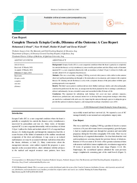 Pdf Complete Thoracic Ectopia Cordis Dilemma Of The Outcome A Case Report Mohammed Aboud
