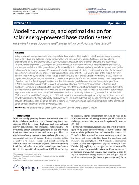 Pdf Modeling Metrics And Optimal Design For Solar Energy Powered Base Station System