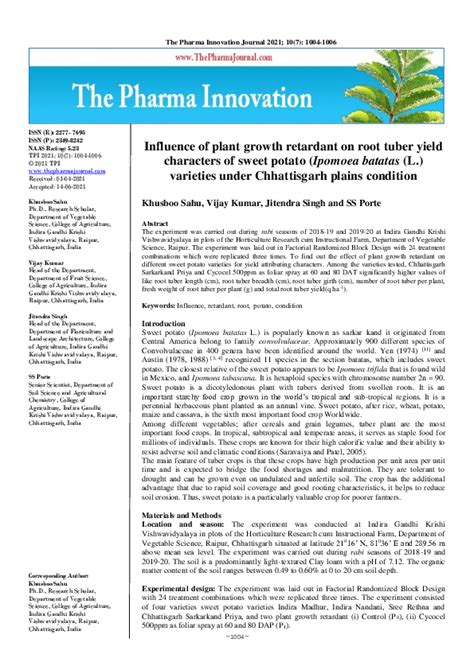 Pdf Influence Of Plant Growth Retardant On Root Tuber Yield Characters Of Sweet Potato