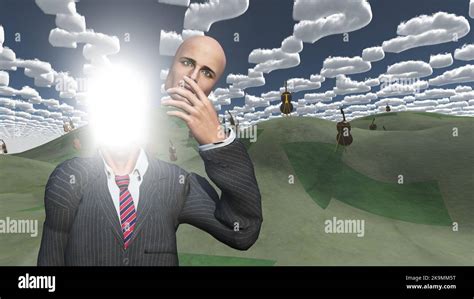 man removes face showing lightn in landscape with question shaped