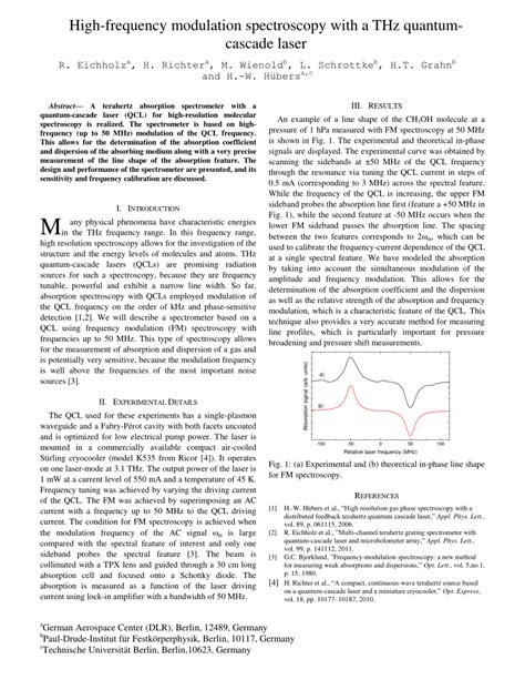 Pdf High Frequency Modulation Spectroscopy With A Thz Quantum Cascade Laser
