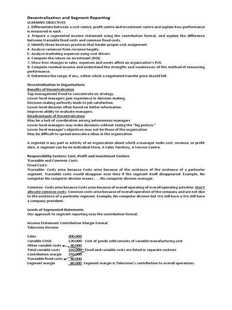 Decentralization Segment Reporting Pdf Return On Investment Profit Accounting