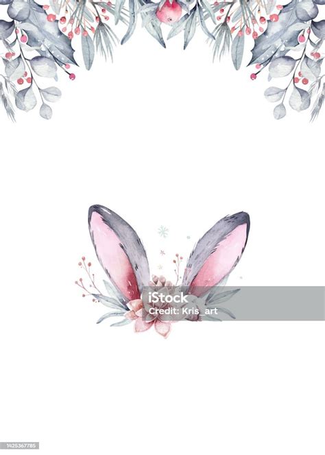 수채화 새해 아기 토끼 초상화 일러스트 레이션 오스터 메리 크리스마스 엽서 꽃 화환에 귀여운 만화 토끼 2023 년의 상징 트렌디 한 보육 디자인 0명에 대한 스톡 벡터