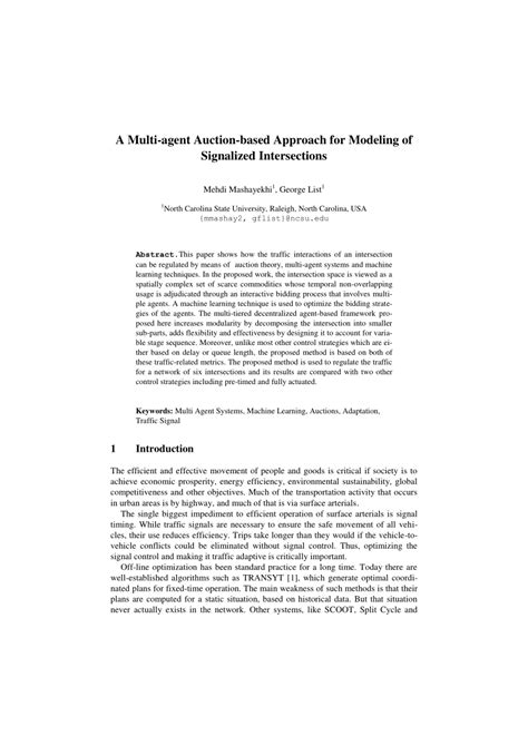 Pdf A Multiagent Auction Based Approach For Modeling Of Signalized