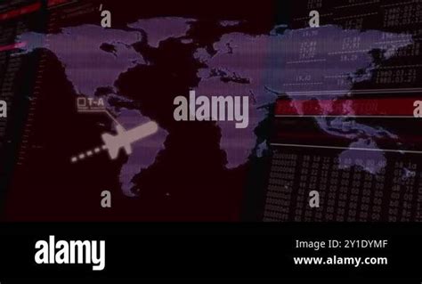 World Map With Encryption Data Processing Animation Over Red Background