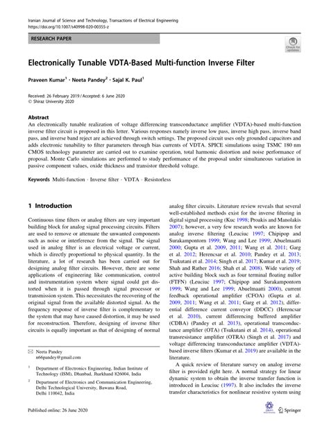 Pdf Electronically Tunable Vdta Based Multi Function Inverse Filter