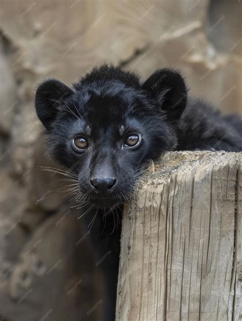 Adorable Black Fossa Cub Peeking Over Wooden Fence Premium Ai Generated Image