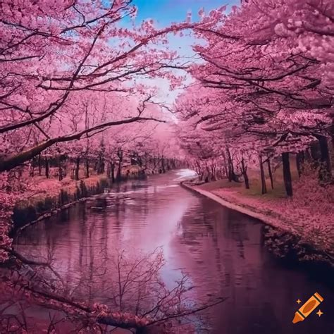 Cherry blossom forest with a visible river in the distance on Craiyon