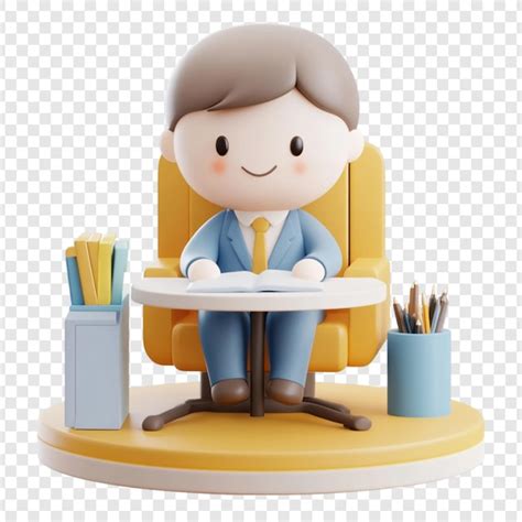 귀여운 3d 만화 사업가가 책상에 앉아 노란색 사무실 의자에서 책과 연필로 일하고 있습니다 Ai 생성 Psd