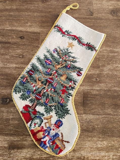 Wool Needlepoint Christmas Stocking Christmas Tree Stocking 7 5” X 19 75” 19 Cm X 50 Cm