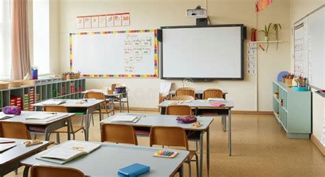Classroom With Light Colored Walls Filled With Small Rectangular Desks And Wooden Stock
