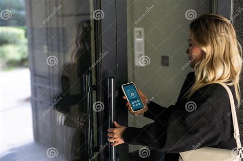 Female Entering Secret Key Code For Getting Access And Passing Building Using Application On