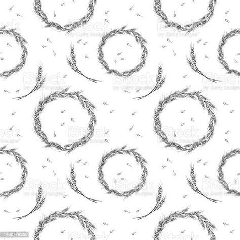 흰색 배경에 밀과 화환의 귀가 있는 귀여운 매끄러운 반복 패턴 밀의 귀와 꽃 장식입니다 손으로 그렸습니다 섬세한 패턴 미니멀리스트 스타일 스케치 스펠트에 대한 스톡 벡터