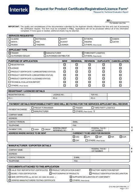 Request For Certification Form Intertek