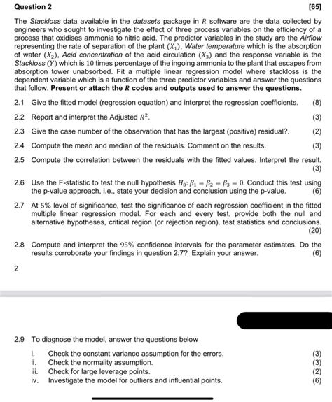 Solved The Stackloss Data Available In The Datasets Package Chegg Com
