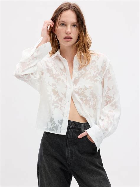 Sheer Floral Cropped Shirt Women Shirt Top Sheer White Shirt Crop Shirt