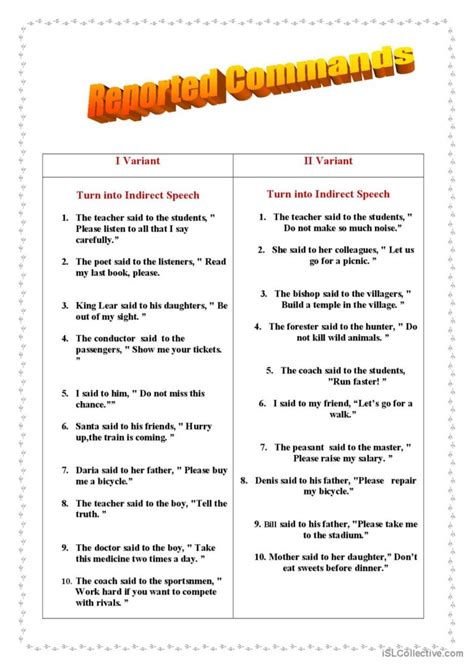 Reported Commands General Gramma English ESL Worksheets Pdf Doc