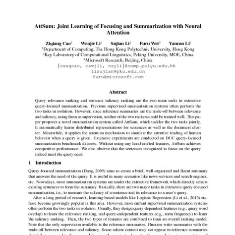 Attsum Joint Learning Of Focusing And Summarization With Neural Attention Acl Anthology
