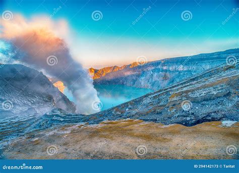 Beautiful View Of Kawah Ijen Lake And Volcano Early Morning At East