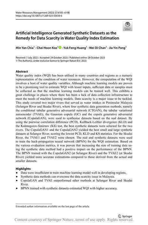 Artificial Intelligence Generated Synthetic Datasets As The Remedy For Data Scarcity In Water