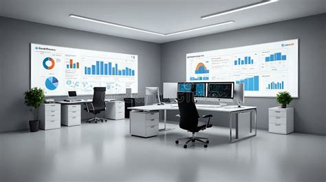 Modern Office Interior Design With Large Monitors And Data Analysis Dashboards Stock