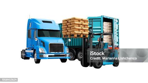 건축 자재와 트레일러를 가진 트럭에서 파란색에서 언로드 화물의 현대 개념 및 팔레트와 오렌지 지게차 절연 흰색 배경에서 3d 렌더링 그림자 트럭에 대한 스톡 사진 및 기타