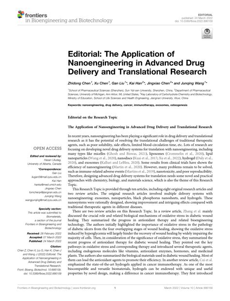 PDF Editorial The Application Of Nanoengineering In Advanced Drug Delivery And Translational