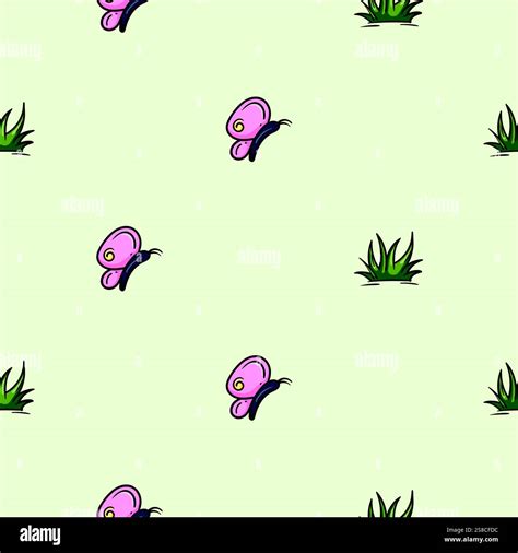 Bright Spring Seamless Pattern With Butterfly And Grass Endless Vector Background For Wrapping