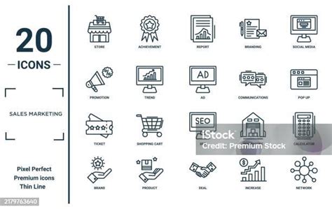 판매 마케팅 선형 아이콘 세트입니다 얇은 라인 상점 프로모션 티켓 브랜드 네트워크 광고 보고서 프리젠 테이션 다이어그램 웹 디자인을위한 계산기 아이콘 포함 0명에 대한 스톡