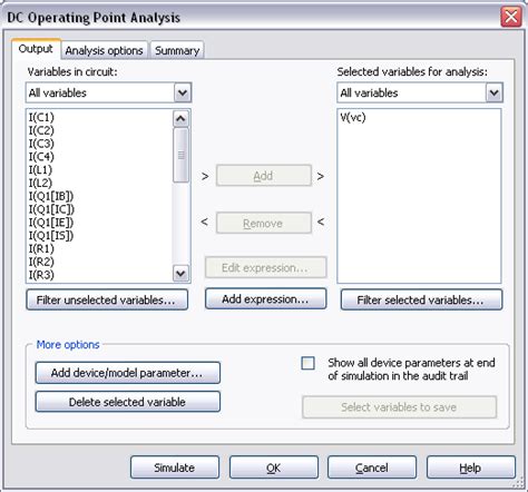 configuring a dc operating point analysis in multisim ni