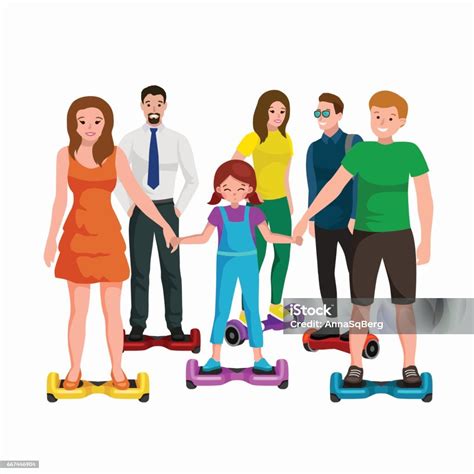 전기 스쿠터와 활성 사람들 재미 새로운 현대 기술 호버 남자 여자 그리고 아이 자기 균형에 가족 휠 전송 Gyroscooter 타고 거리 벡터 일러스트 레이 터 Active