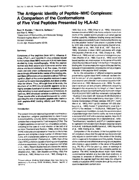 Pdf The Antigenic Identity Of Peptide Mhc Complexes A Comparison Of The Conformations Of Five