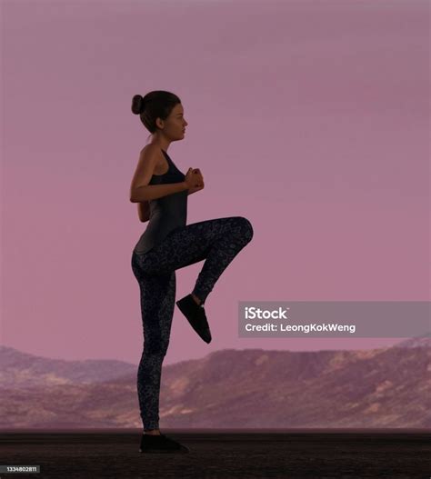 일몰에 스트레칭 여자 사람은 진짜가 아닙니다 그녀는 3d 렌더링이므로 모델 릴리스가 필요하지 않습니다 3차원 형태에 대한 스톡 사진 및 기타 이미지 Istock
