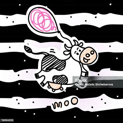 벡터 일러스트 라인 스케치 실행 또는 공기 풍선 비행 암소 손으로 그린 종이 아트 스타일 줄무늬 배경 Moo 문자 패키지 포스터