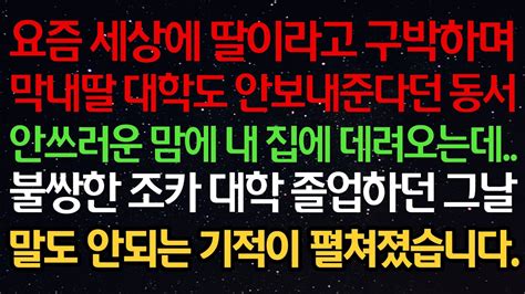 감동사연 요즘 세상에 딸이라고 구박하며막내딸 대학도 안보내준다던 동서안쓰러운 맘에 내 집에 데려오는데 불쌍한 조카 대학 졸업하던 그날말도 안되는 기적이 펼쳐졌습니다