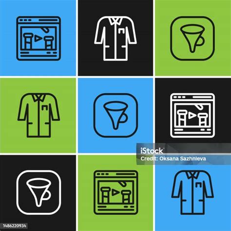 라인 화학 물질 온라인 깔때기 또는 필터 및 실험실 유니폼 아이콘을 설정합니다 벡터 간호사에 대한 스톡 벡터 아트 및 기타 이미지 간호사 건강 진단 건강관리와 의술