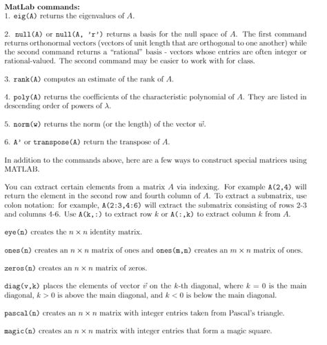 Solved MatLab Commands Eig A Returns The Eigenvalues Of Chegg