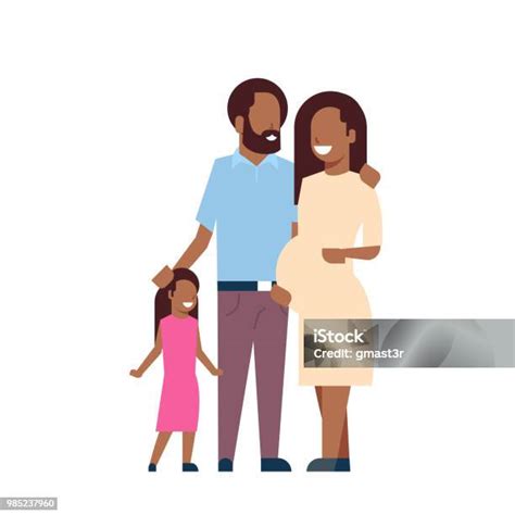 흰색 배경 성공적인 가족 개념 평면 만화에 아프리카 임신 어머니 아버지 딸 전체 길이 아바타 가족에 대한 스톡 벡터 아트 및