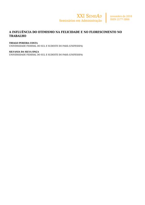 Pdf A Influência Do Otimismo Na Felicidade E No Florescimento No Trabalho