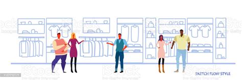혼합 인종 사람들 고객 쇼핑 및 큰 패션이 게 슈퍼 시장 옷 쇼핑몰 인테리어 스케치 흐름 스타일 수평 벡터 일러스트 레이 션에 서 있는 직원 여성에 대한 스톡 벡터 아트 및
