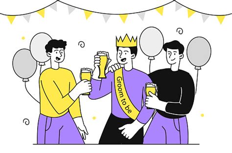 파티에서 신랑 남자들은 맥주와 함께 미래의 결혼을 축하합니다 휴일과 이벤트 디스코 젊은이들은 알코올 제품을 잔에 담습니다 선형 평면 벡터 그림 Ale에 대한 스톡 벡터 아트