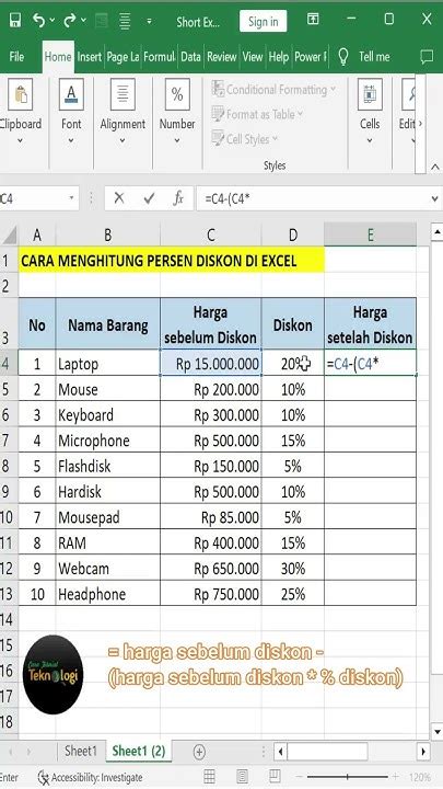 Cara Menghitung Persen Diskon Di Excel Shorts Tutorialexcel Youtube