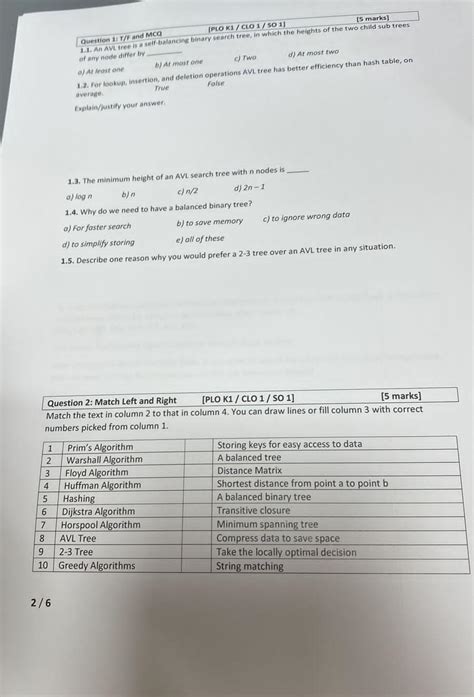 Solved Question 1 Tf And Mcq 11 An Avl Tree Is A