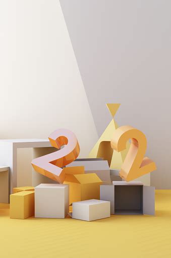 2022년 새해를 컨셉으로 한 노란 색조는 투명한 공으로 제품과 선물 상자를 표시하기 위한 기하학적 모양으로 둘러싸여 있습니다 수직 프레임 3d 렌더링 강단에 대한 스톡