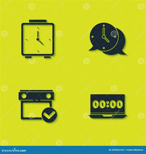 Set Alarm Clock Clock On Laptop Calendar With Check Mark And Speech Bubble Icon Vector Stock