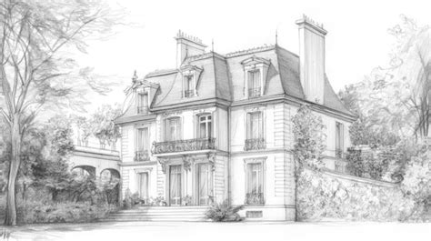 Detailed Pencil Sketch Of A Grand Frenchstyle Mansion With A Balcony A