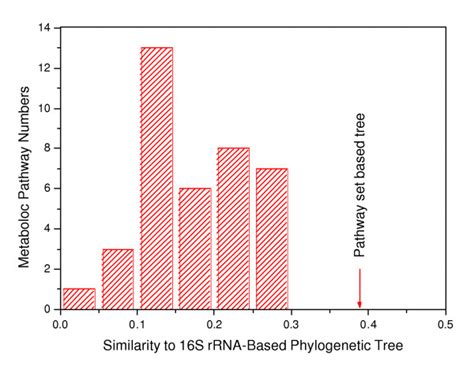 the distribution of similarity values betweensingle pathway based trees