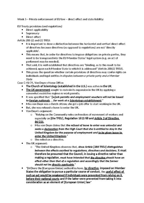 Week 5 Direct Effect And State Liability Week 5 Private Enforcement Of Eu Law Direct